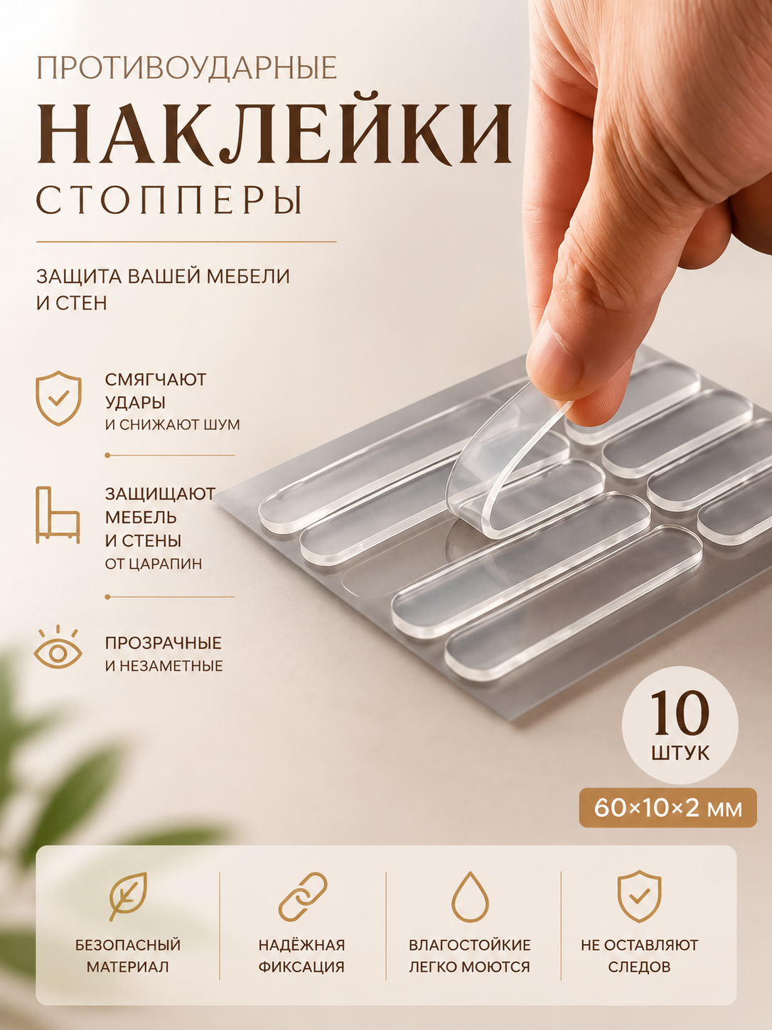 Самоклеящиеся силиконовые ограничители 10 шт, стопперы для дверей, защитные демпферы, 60x10x2 мм, прозрачные, антиударные