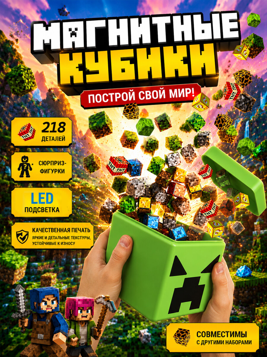 Конструктор магнитный Minecraft Майнкрафт, 218 шт, подарок для мальчика