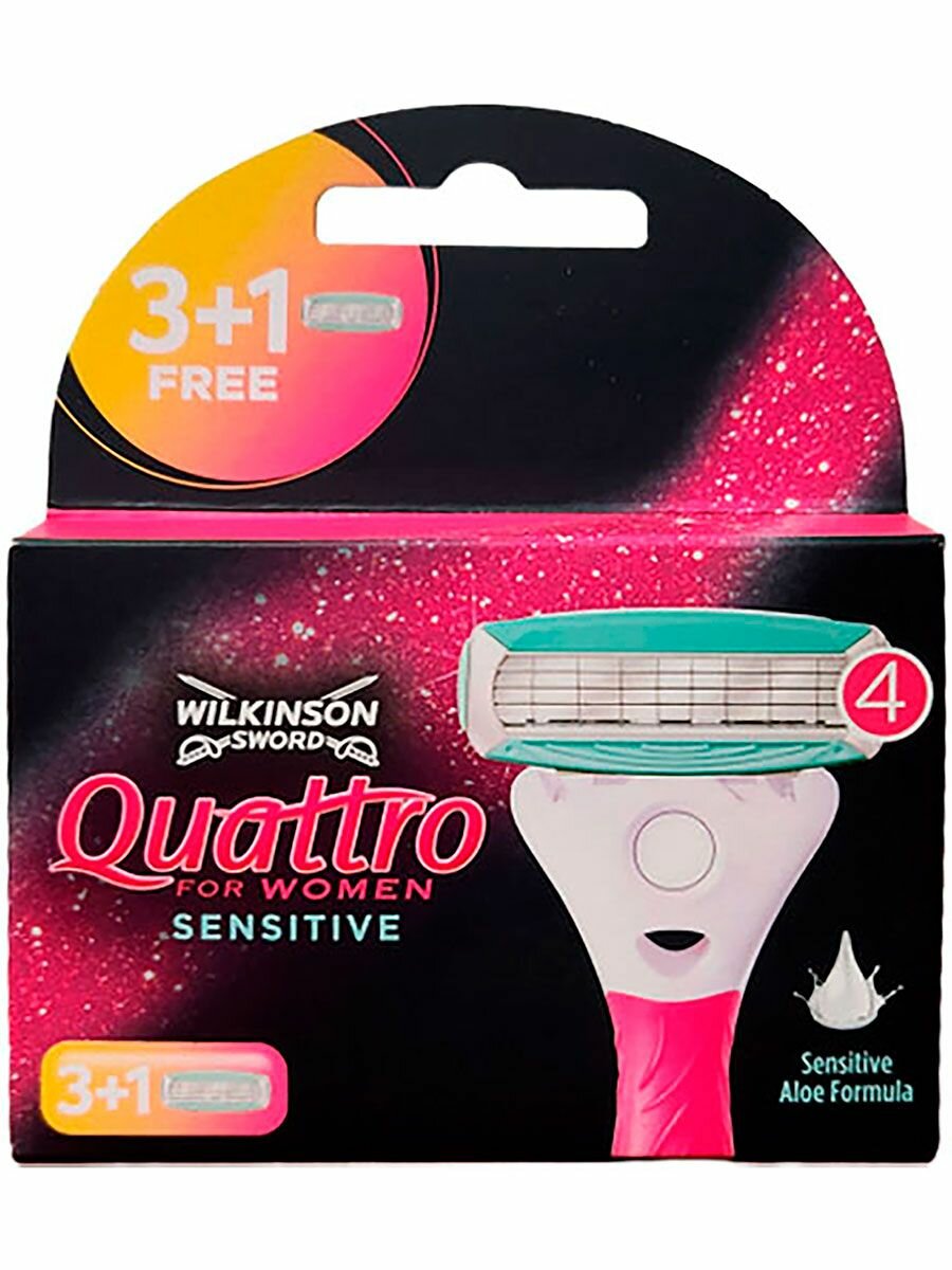Wilkinson Sword Сменные кассеты Schick QUATTRO for Women Sensitive (4 шт.), женские, 4 лезвия, увл. полоска