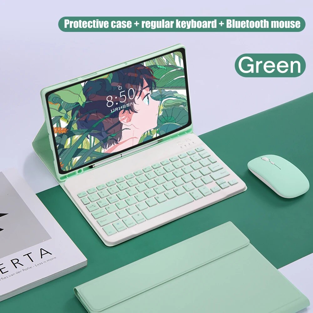 Чехол для Samsung Galaxy Tab A9 Plus 11 A8 10,5 с S8 S9 Plus 12.4 inch, Lightgreen and Mouse