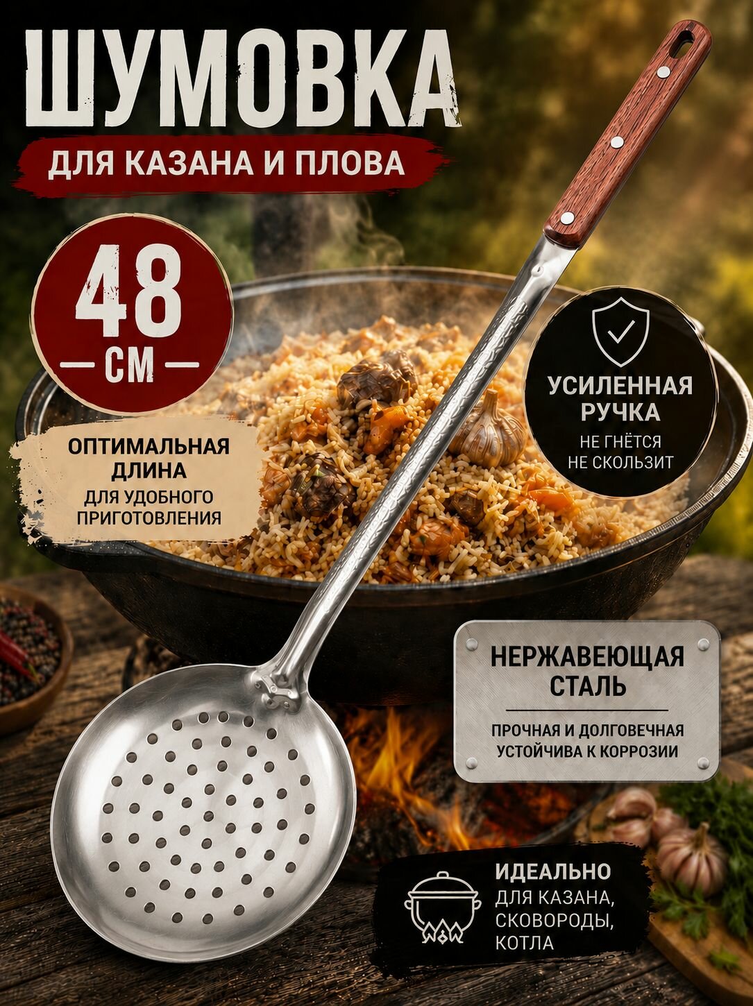 Шумовка из нержавеющей стали 46 см для казана и плова, кухонная шумовка с длинной ручкой для жарки и варки