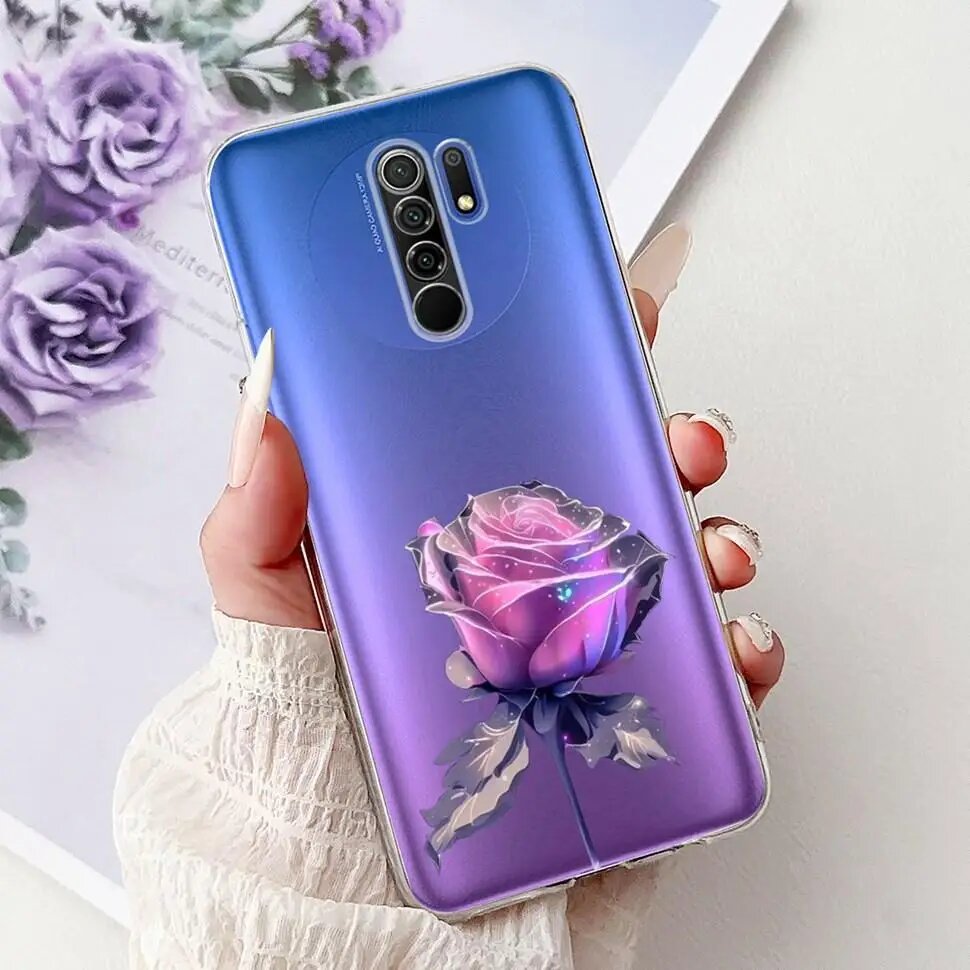 Чехол для Xiaomi Redmi 9, фиолетовый с розой, TPU