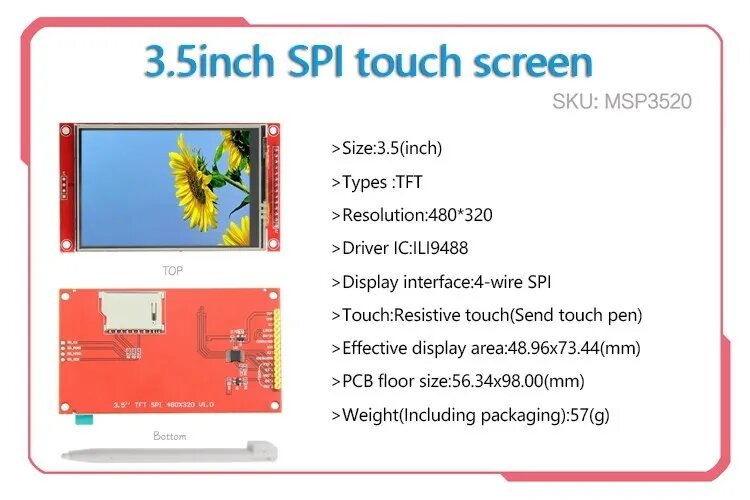 3.5" TFT LCD SPI Touch Screen 480x320 ILI9488