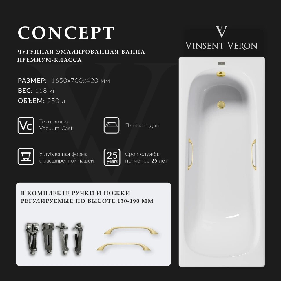 Ванна чугунная Vinsent Veron Concept VCO1657042H/VH0012MGD 165x70 см, с ручками, белый