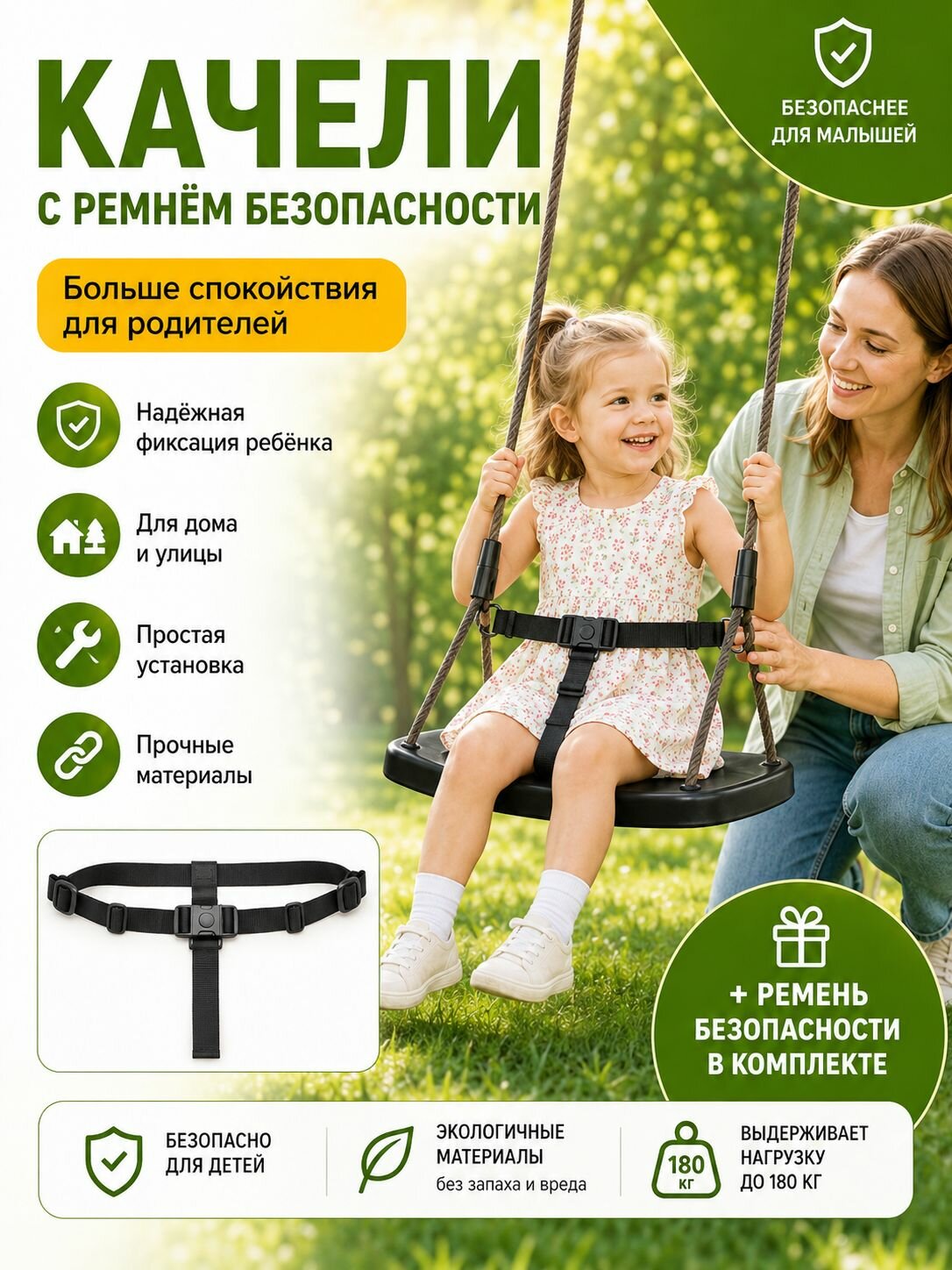Детские подвесные качели для дома и улицы, регулируемая высота до 180см, высокая грузоподъёмность 180кг, безопасная и устойчивая конструкция