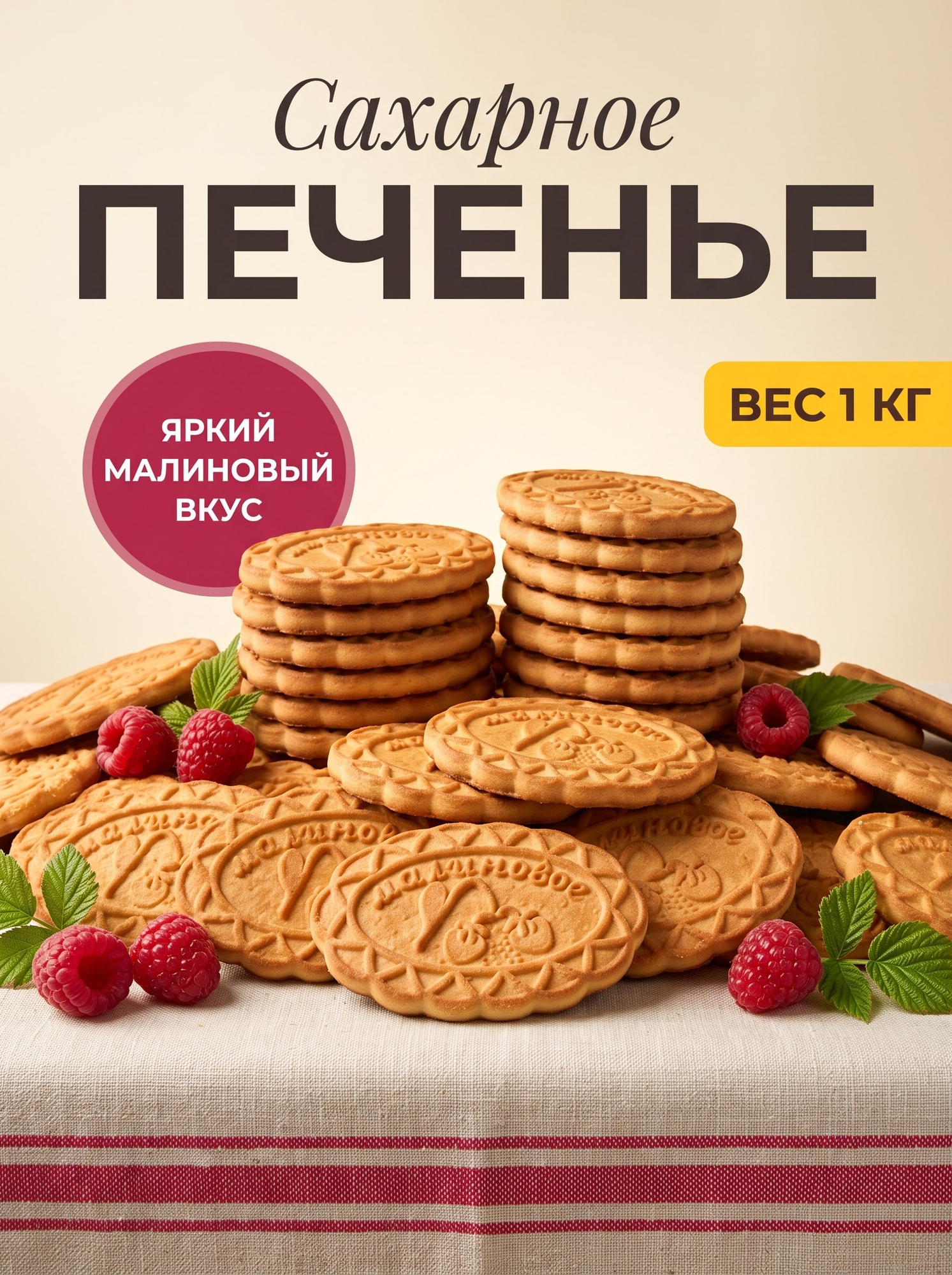 Печенье сахарное Малиновое Элза 1 кг, к чаю с ягодным вкусом