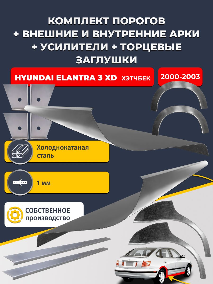 Комплект ремонтных задних внешних и внутренних арок (0,8 мм) + комплект порогов + 4 торцевые заглушки + усилители, на Hyundai Elantra 3 XD хэтчбек 5 дв (Хендай Элантра ХД) Холоднокатаная сталь 1 мм