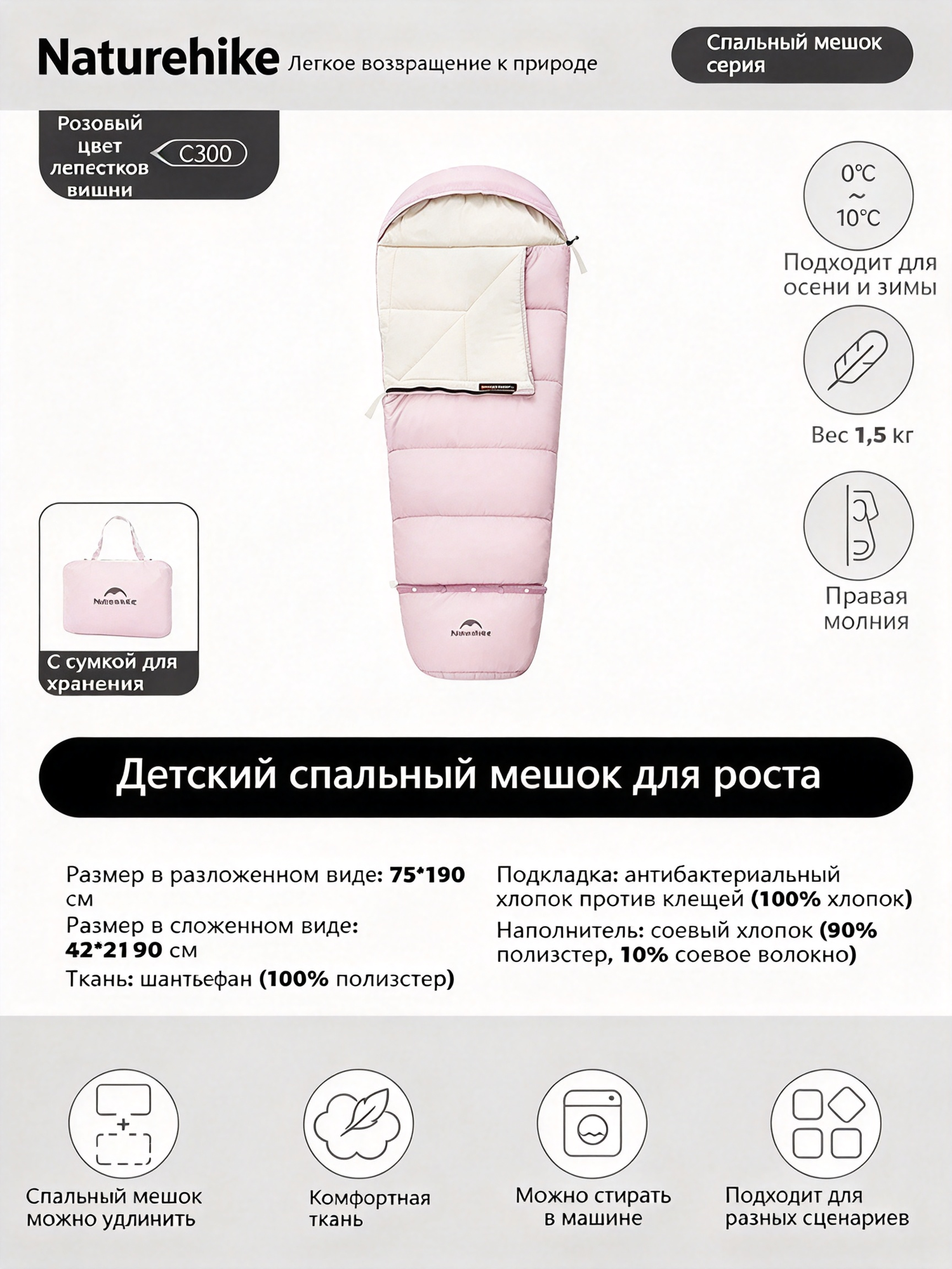 Naturehike Детский спальный мешок Длину можно сращивать（правый） NH21MSD01