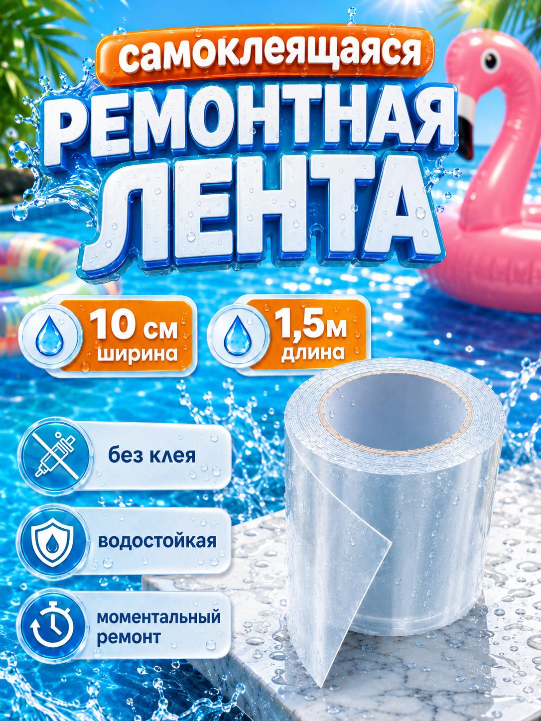 Клейкая лента прозрачная, заплатка для ремонта бассейна 1,5м