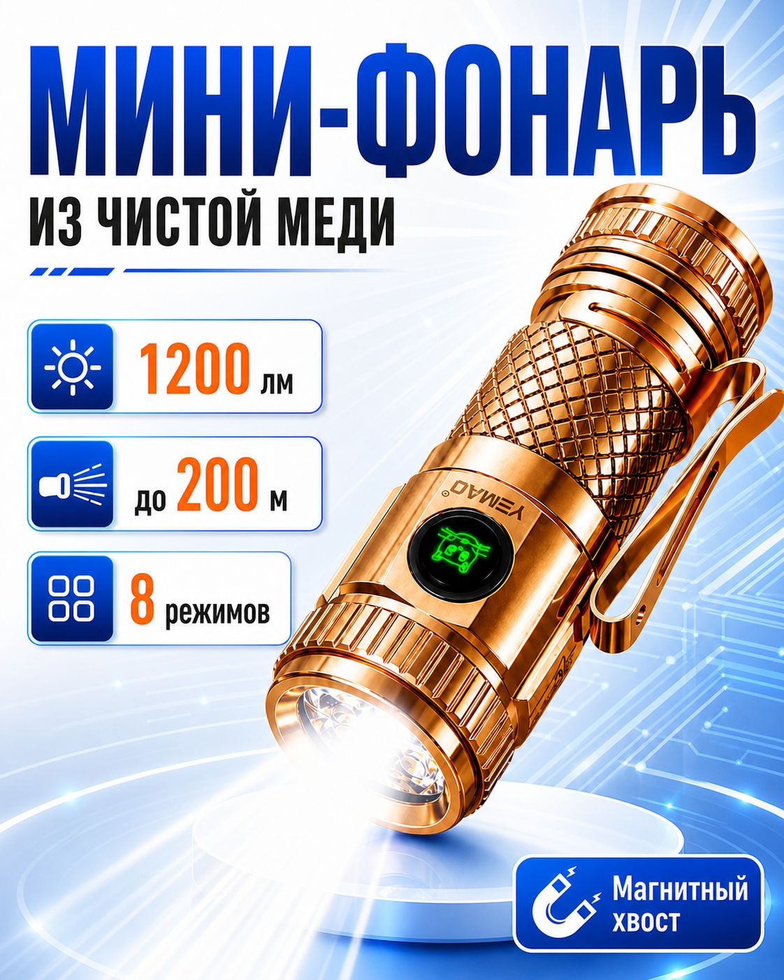 Мини фонарик на магните, аккумуляторный ручной мощный светодиодный