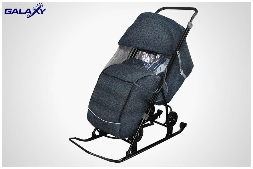 Санки-коляска снежинка УНИВЕР-1 ЛЕН серо-зеленый с ус. механ. смены полозьев на колеса, 3 полож, перекидная ручка, тент-дожд.