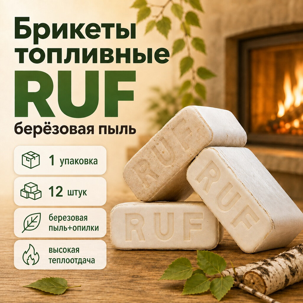 Брикеты топливные RUF Берёзовая пыль + опил, в упаковке 12 штук, 1 уп.