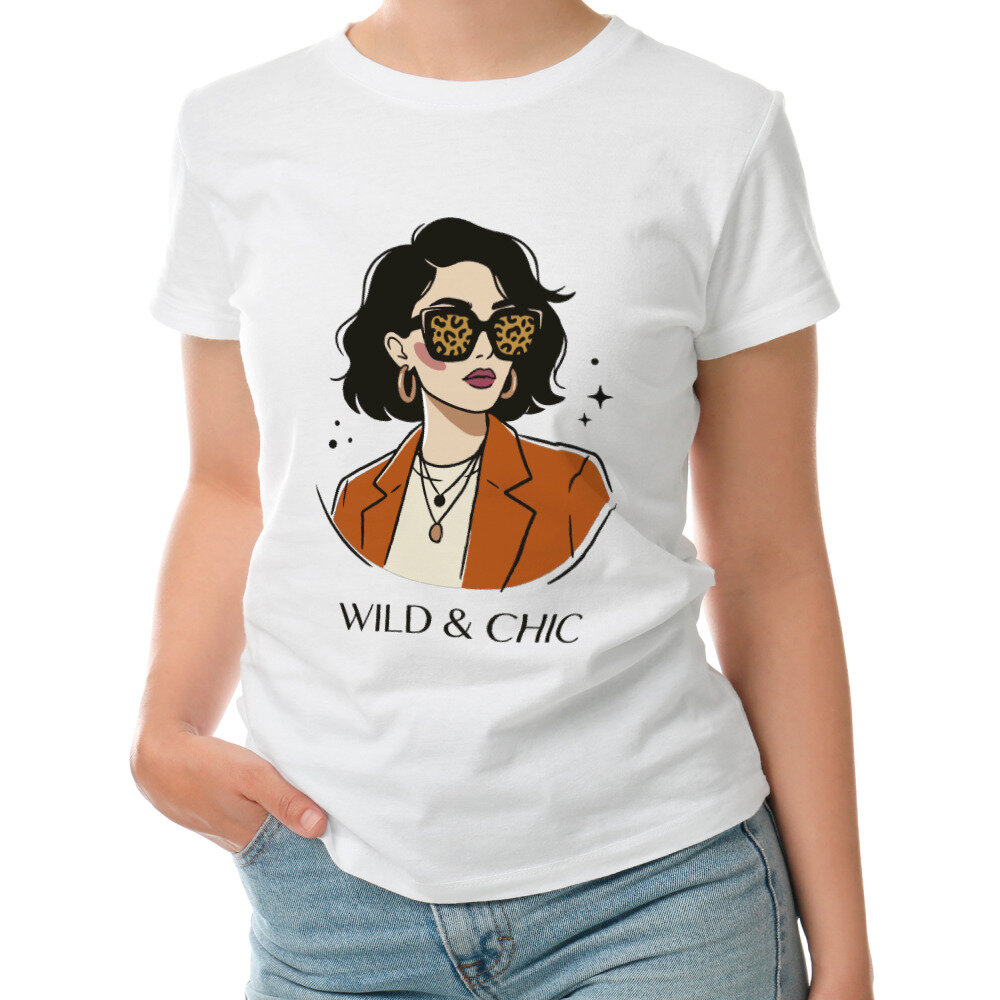 Женская футболка «девушка в леопардовых очках стильная яркая» (белый, L)