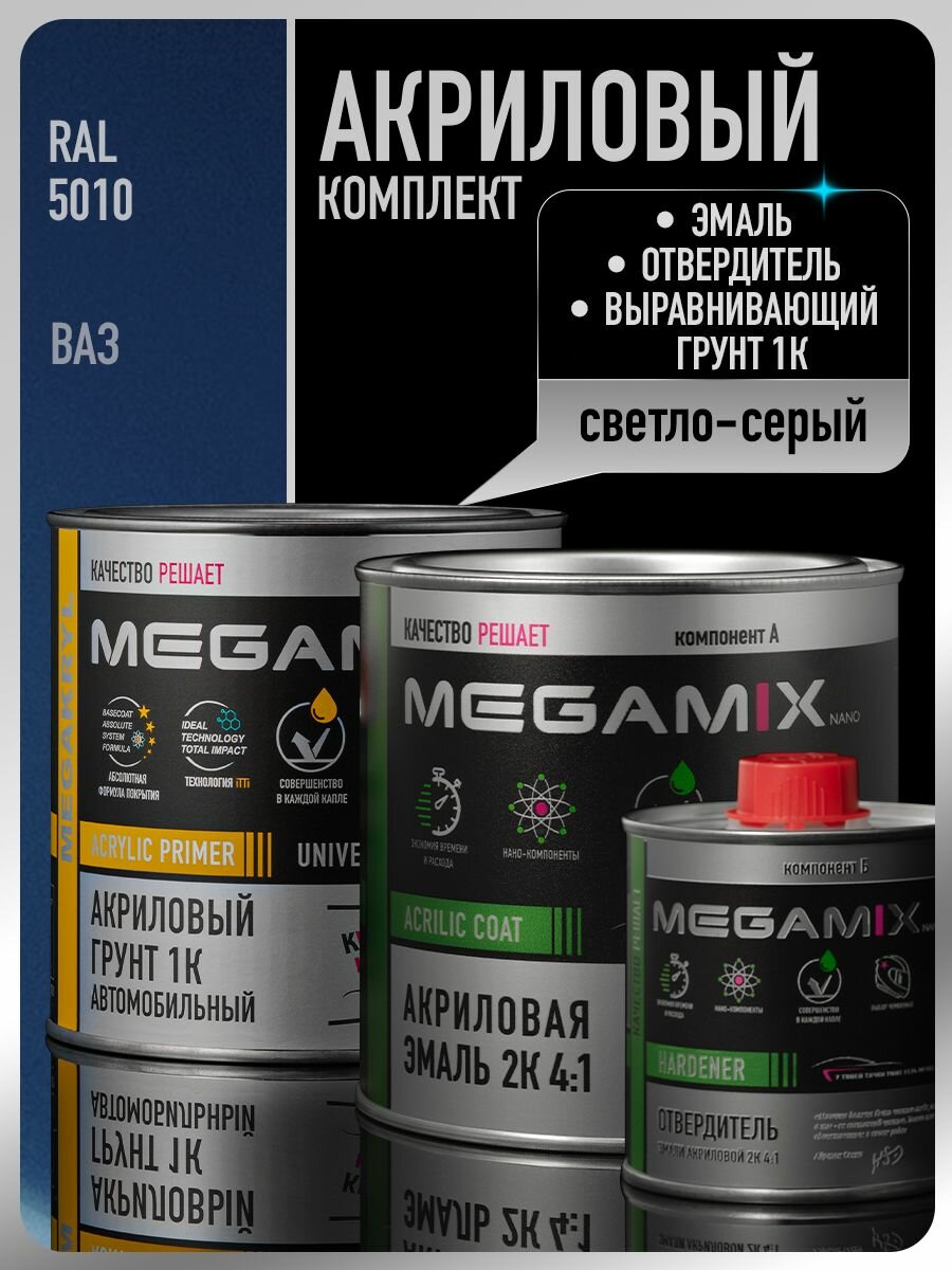 Комплект Акриловая краска автомобильная 2К , Синий RAL 5010, 840мл + Отвердитель 2K 210 мл + Грунт акриловый 1К , светло-серый, 800 г