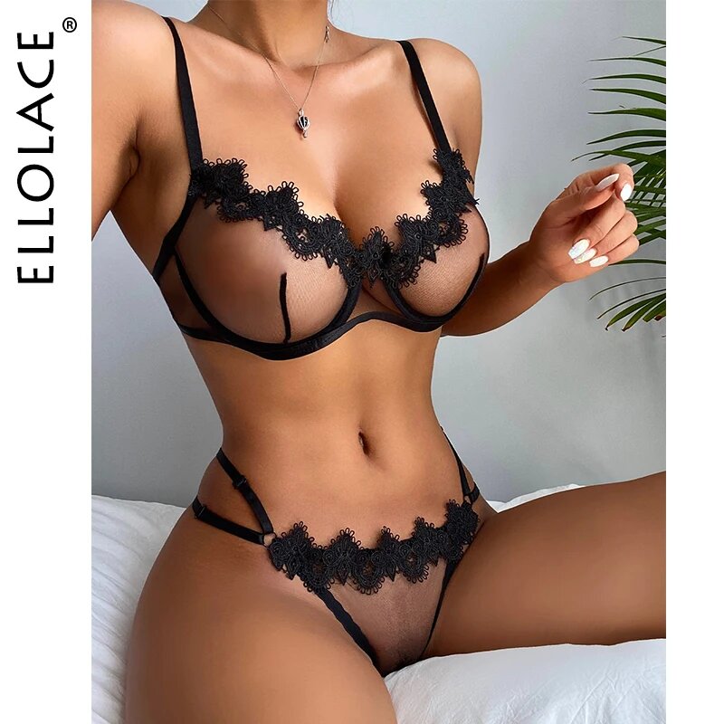 Ellolace, сексуальное женское нижнее белье, прозрачный кружевной комплект из экзотического шифона, состоящий из бюстгальтера на косточках и стрингов - сексуальный костюм