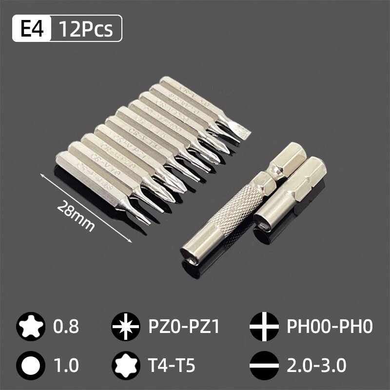 Набор бит E4 12шт: PH00-PH0, PZ0-PZ1, T4-T5, 0.8, 1.0,