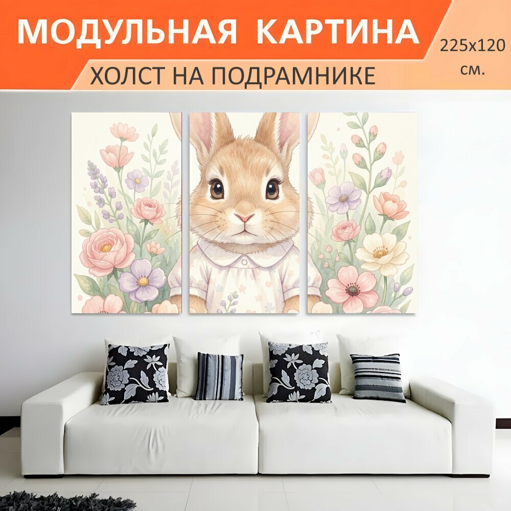 Модульная картина на холсте "Зайчонок среди весенних цветов. Милый кролик в нежной пастельной гамме, окружённый ромашками, розами и." триптих на подрамнике 225х120 см. для интерьера