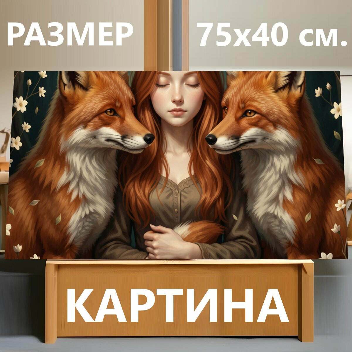 Картина на холсте "Девушка с двумя лисами в лесу. Сказочная цифровая иллюстрация: рыжеволосая девушка с закрытыми глазами в окружении двух." на подрамнике 75х40 см. для интерьера