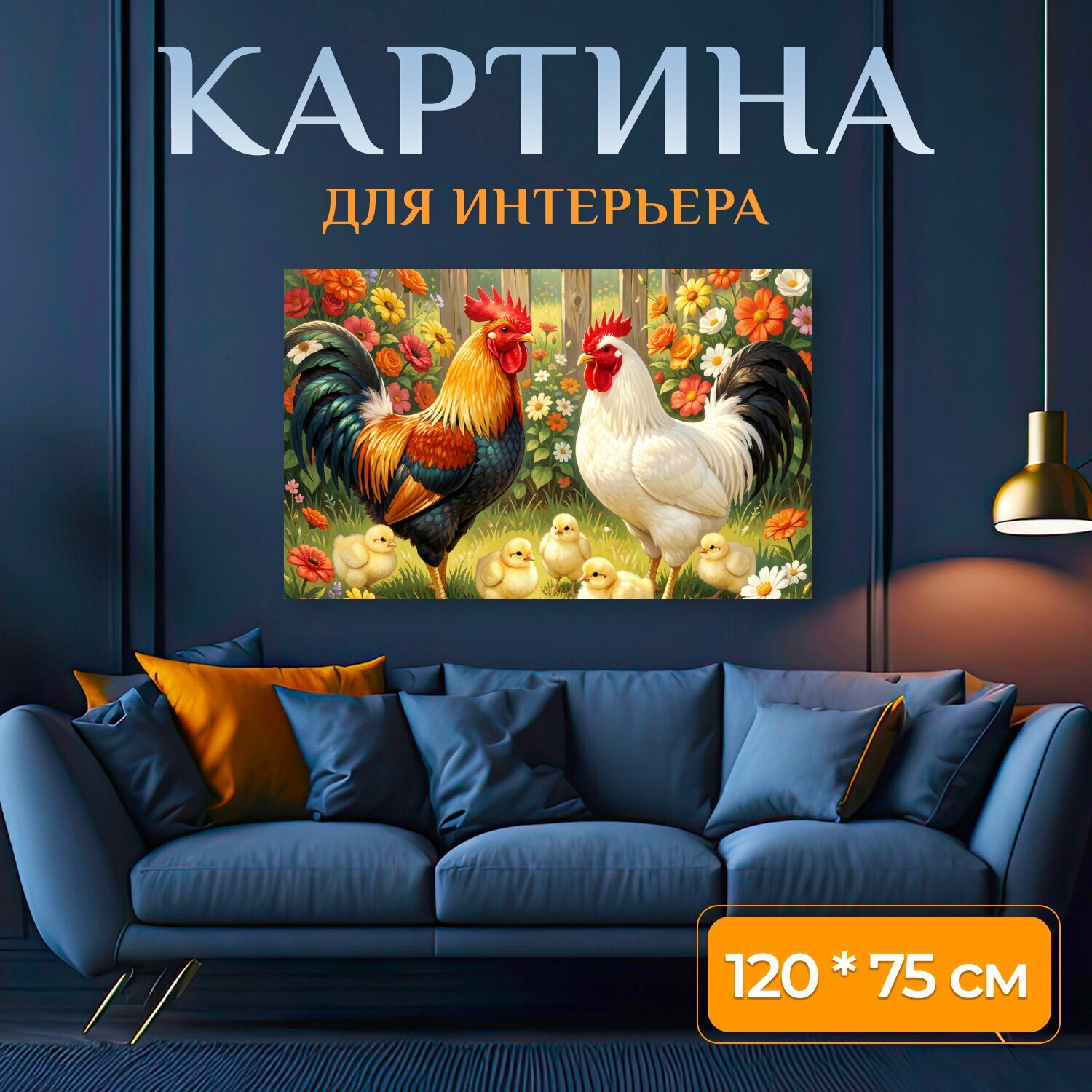 Картина на холсте "Петухи и цыплята в саду. Яркая сказочная сельская сцена с двумя петухами и пушистыми цыплятами среди цветущих полевых." на подрамнике 120х75 см. для интерьера