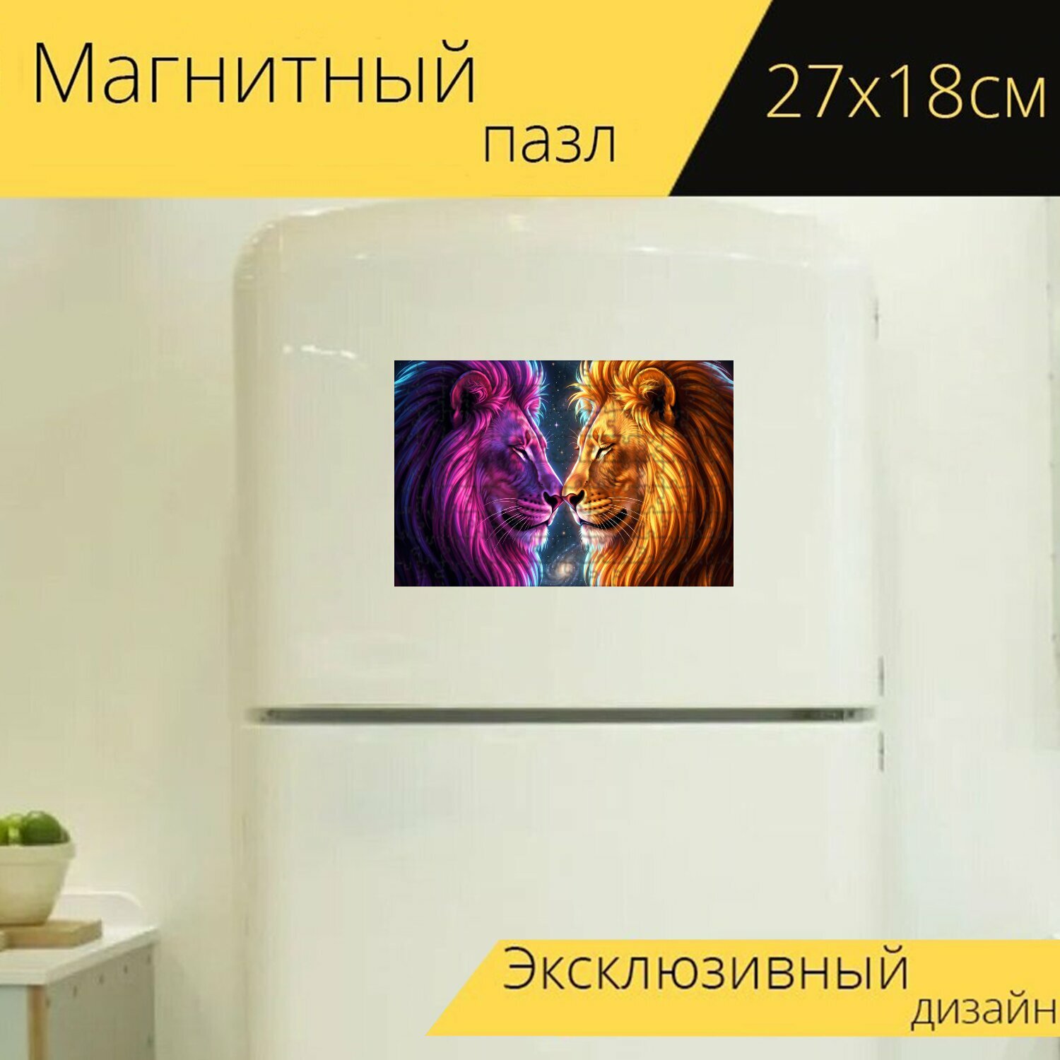 Магнитный пазл "Два льва в космосе. Два величественных хищника с яркими неоновыми гривами смотрят друг на друга на фоне звёзд, галактик и туманностей." на холодильник 27 x 18 см.