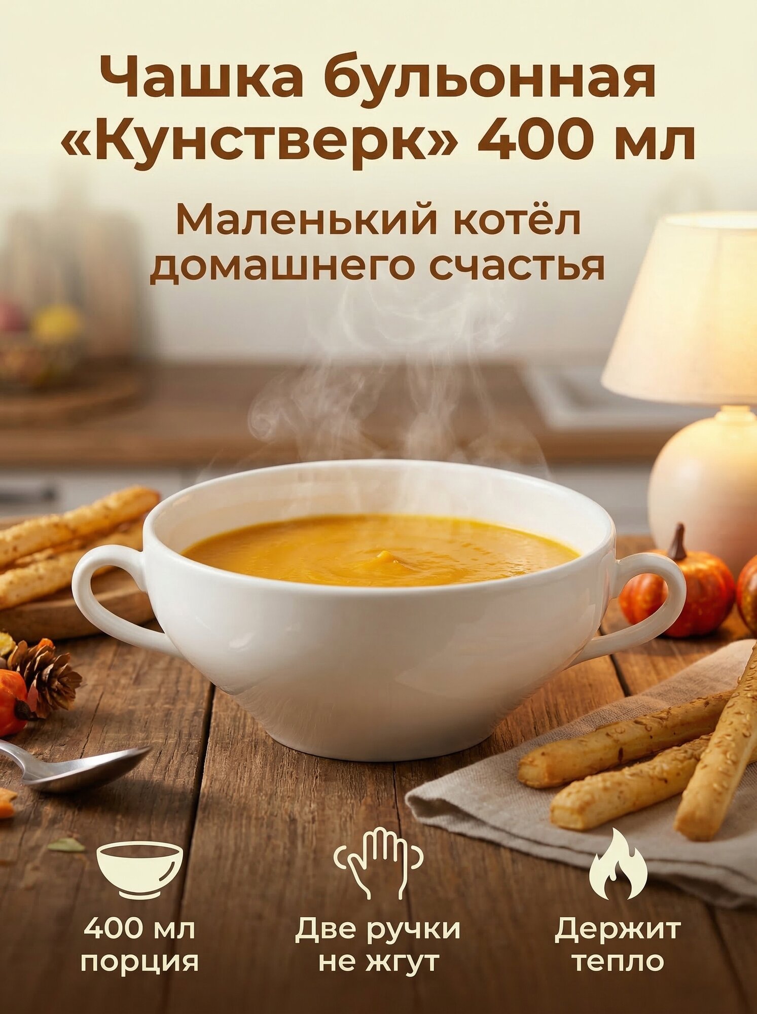 Чашка бульонная Kunstwerk фарфор 400 мл 2 ручки D123 H55 L173 мм белая — супы, крем-суп, рестораны, HoReCa