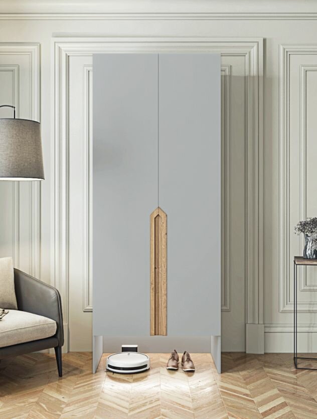 Casa Mia 60x60x210 см. Дизайнерский шкаф в прихожую распашной парящий, 2-дверный, серый, ручка из массива дуба