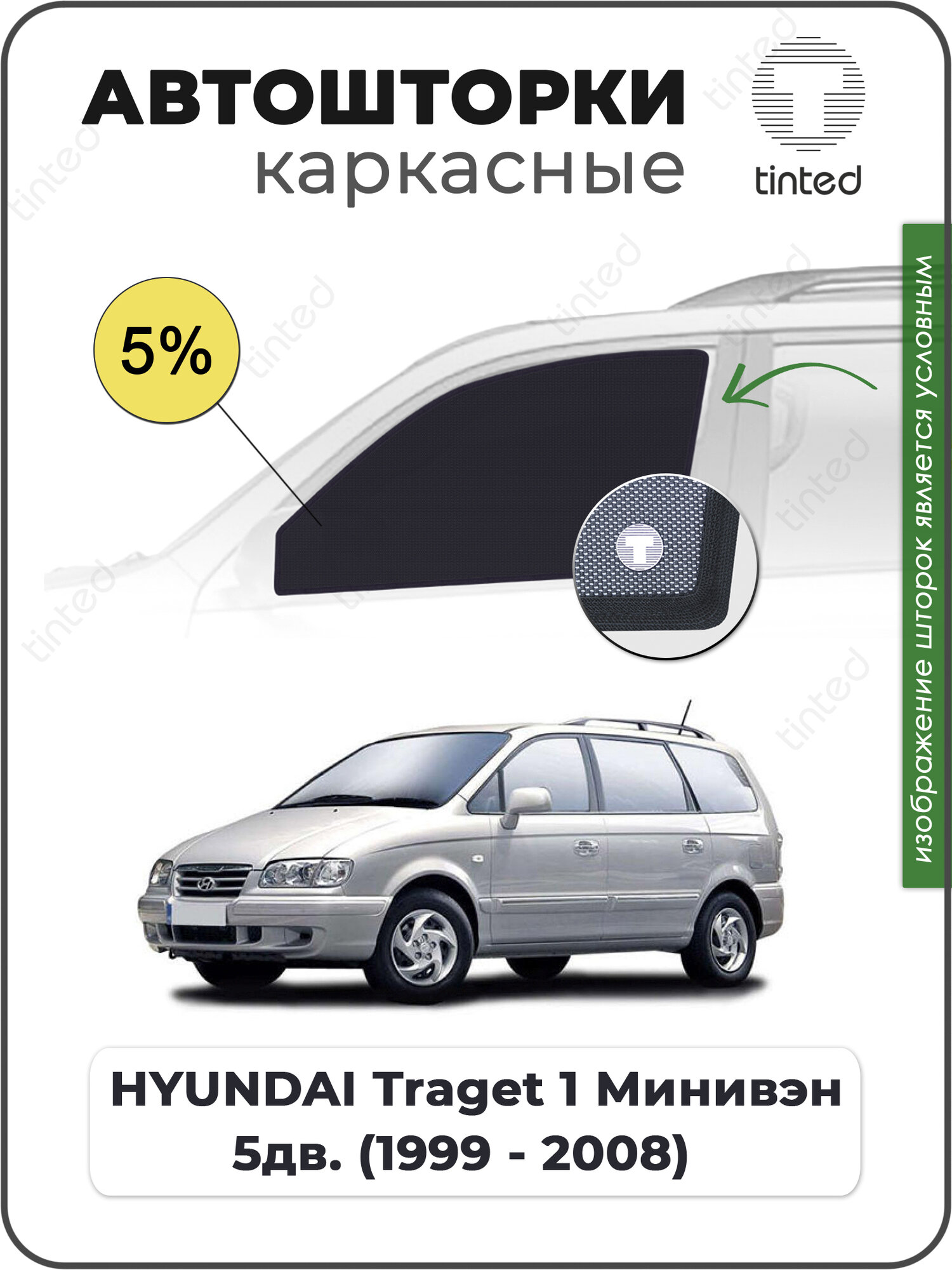 Шторки на автомобиль солнцезащитные HYUNDAI Trajet 1 Минивэн 5дв. (1999 - 2008) на передние двери 5%, сетки от солнца в машину хёндай траджет, Каркасные автошторки Premium