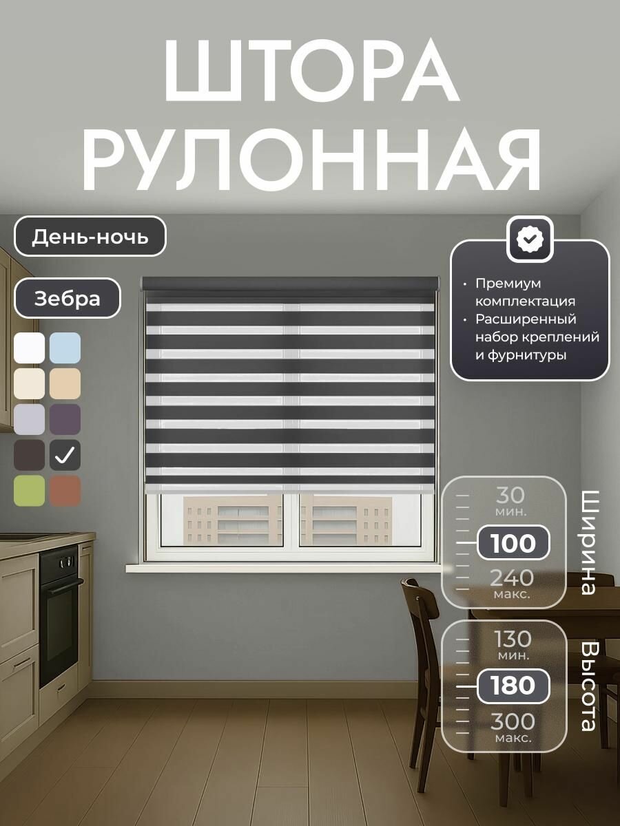 Рулонные шторы 100х180 см день/ночь (зебра), Чёрный, комплектация Mini