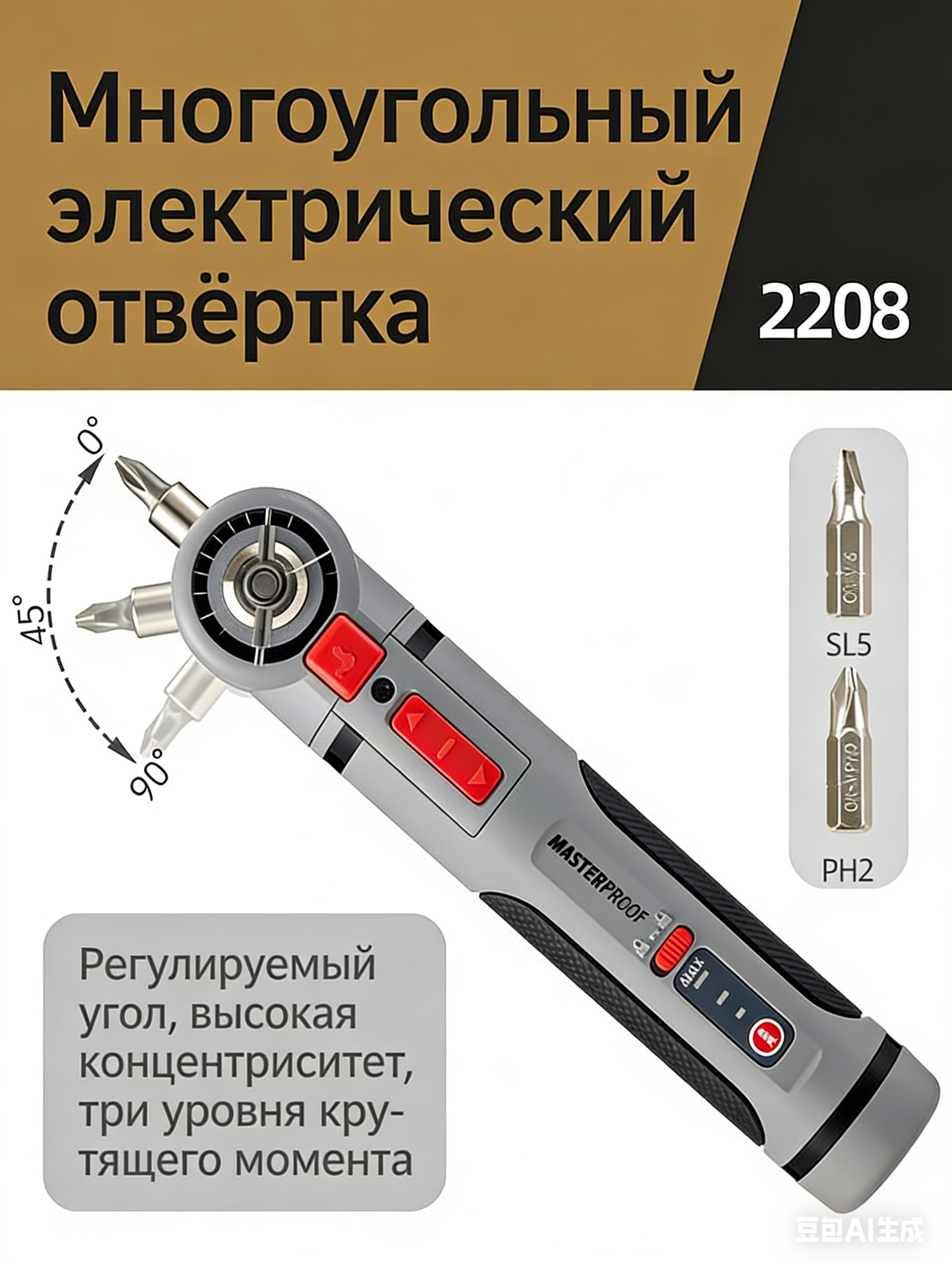 Электрическая отвертка Masterproof 0-45-90°, 3 режима, аккумуляторная