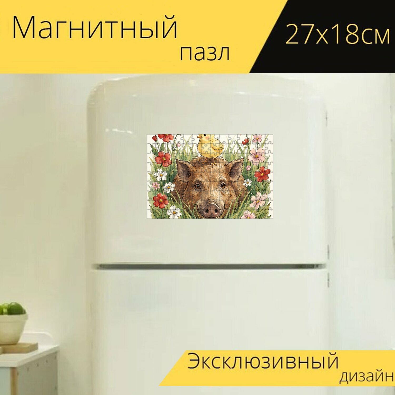 Магнитный пазл "Поросёнок с цыплёнком и цветами. Милый акварельный сюжет с лесным кабанчиком в высокой траве, над которым стоит жёлтый птенец. Вокруг." на холодильник 27 x 18 см.