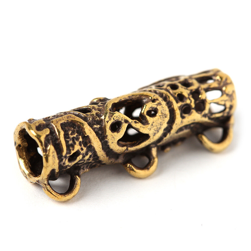 Держатель, 28х12х9мм, Anna Bronze, трубочка с резным узором, с тремя петельками, базовый материал - латунь, цвет античная латунь (золотистый с чернением), 1 шт.