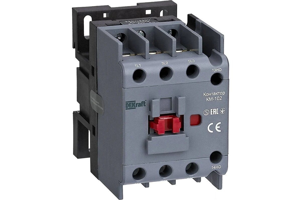 Контактор DEKraft КМ‑102 3P 38 А 230 В 1НО, IP20, ABC пластик, монтаж на DIN‑рейку, номинальное напряжение 690 В, мощность 18,5 кВт, бесконтактный, однофазный AC (AC3/AC4)