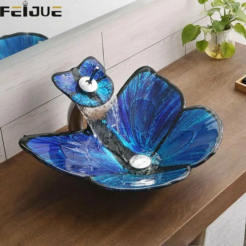 Раковина накладная стеклянная в ванную, для умывальника, для кафе и ресторана, С водопадным краном, 57х45x15.5 см