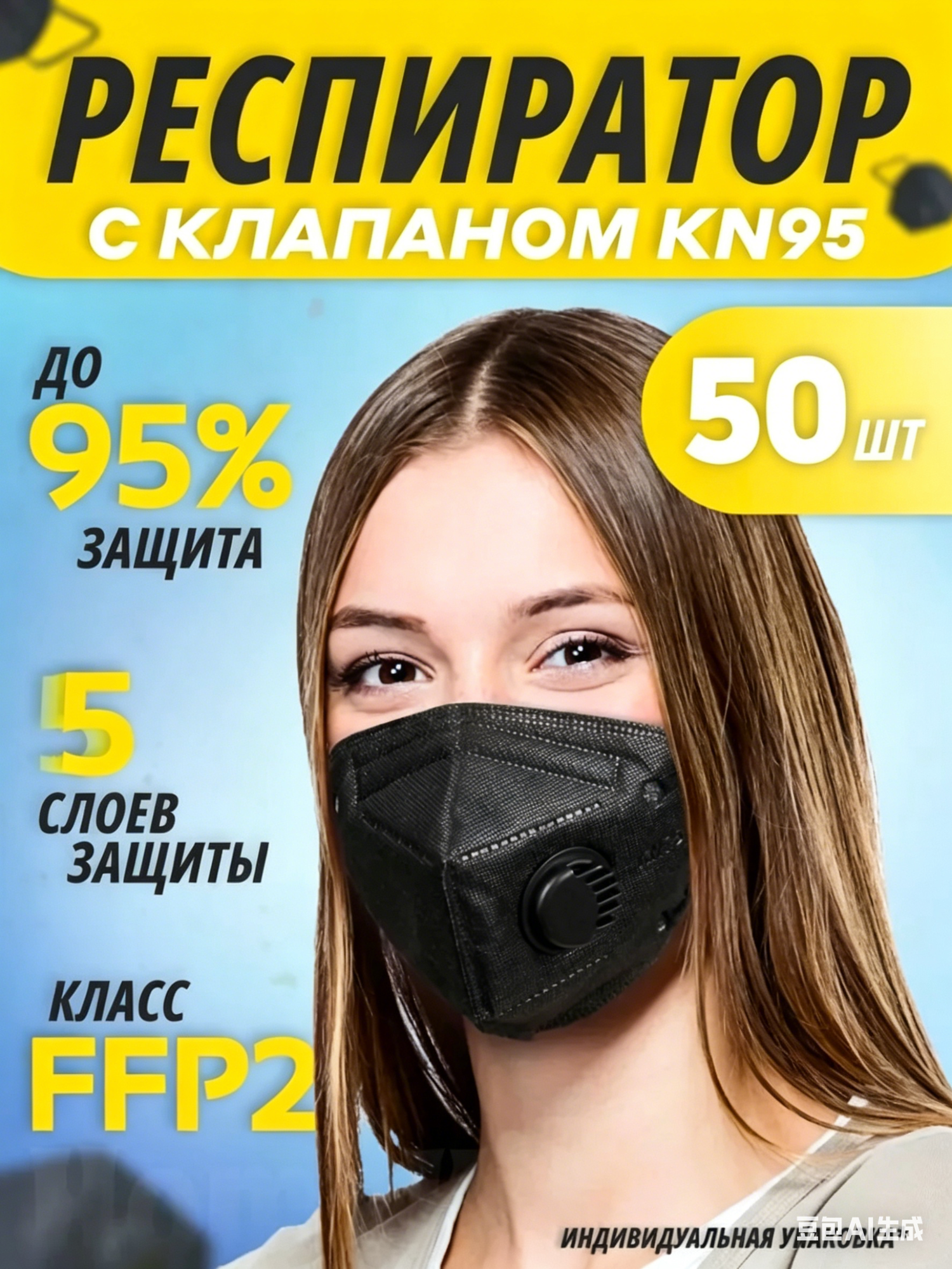 Респиратор FFP2 "KN95", многоразовый, с клапаном, комплект 50штук