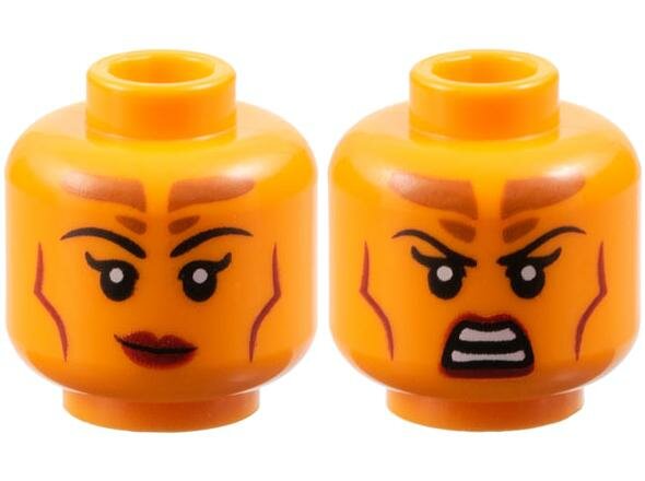 Деталь Lego 3626pb3679 Minifigure, Head Dual Sided Female Black Eyebrows, Dark Orange Forehead Markings, Dark Red Lips and Contour Lines, Lopsided Grin / Scowl Pattern