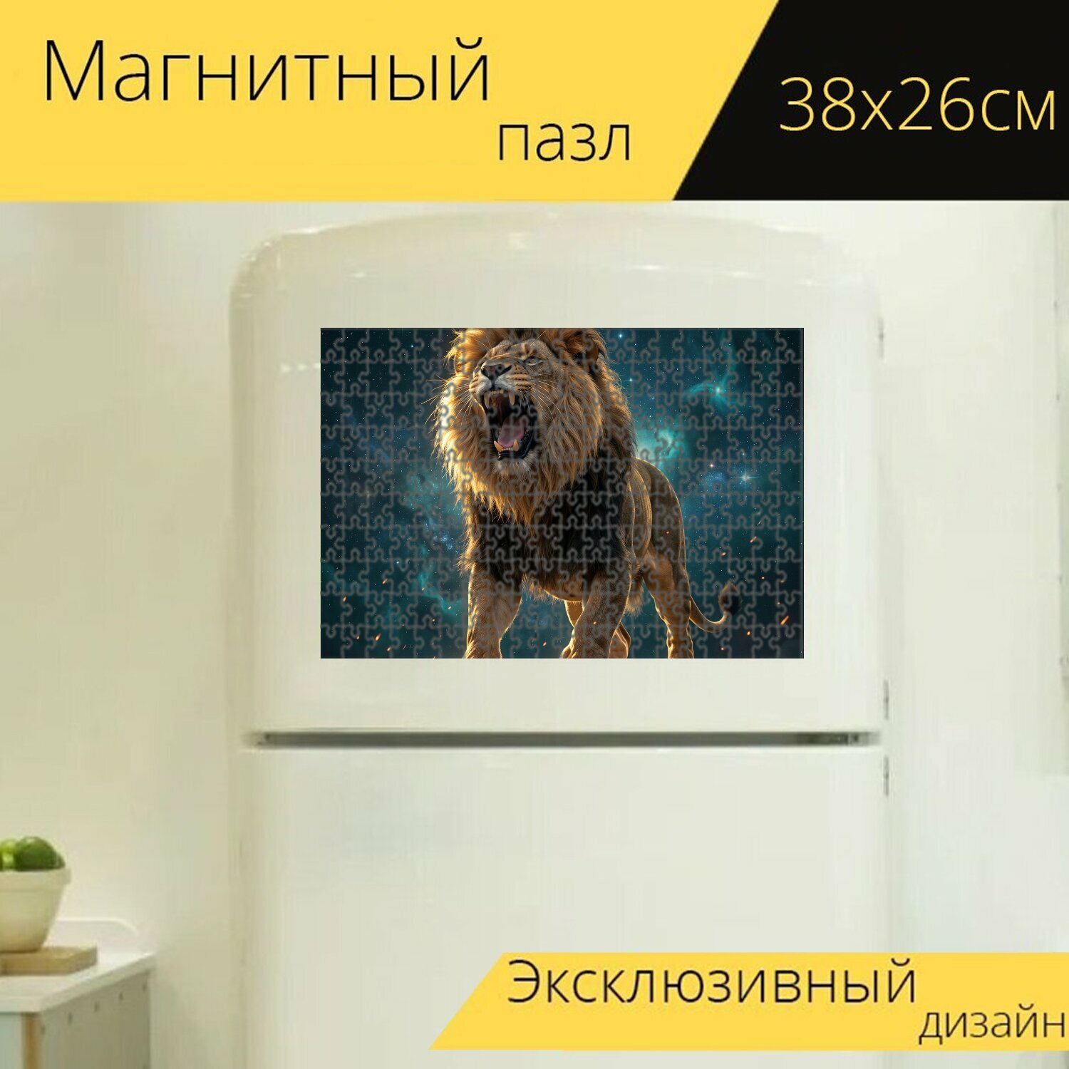Магнитный пазл "Лев на скале в космосе. Величественный хищник с гривой стоит на каменном уступе, рычит в ночное небо. Фантастический анимированный стиль." для интерьера, 38х26 см.
