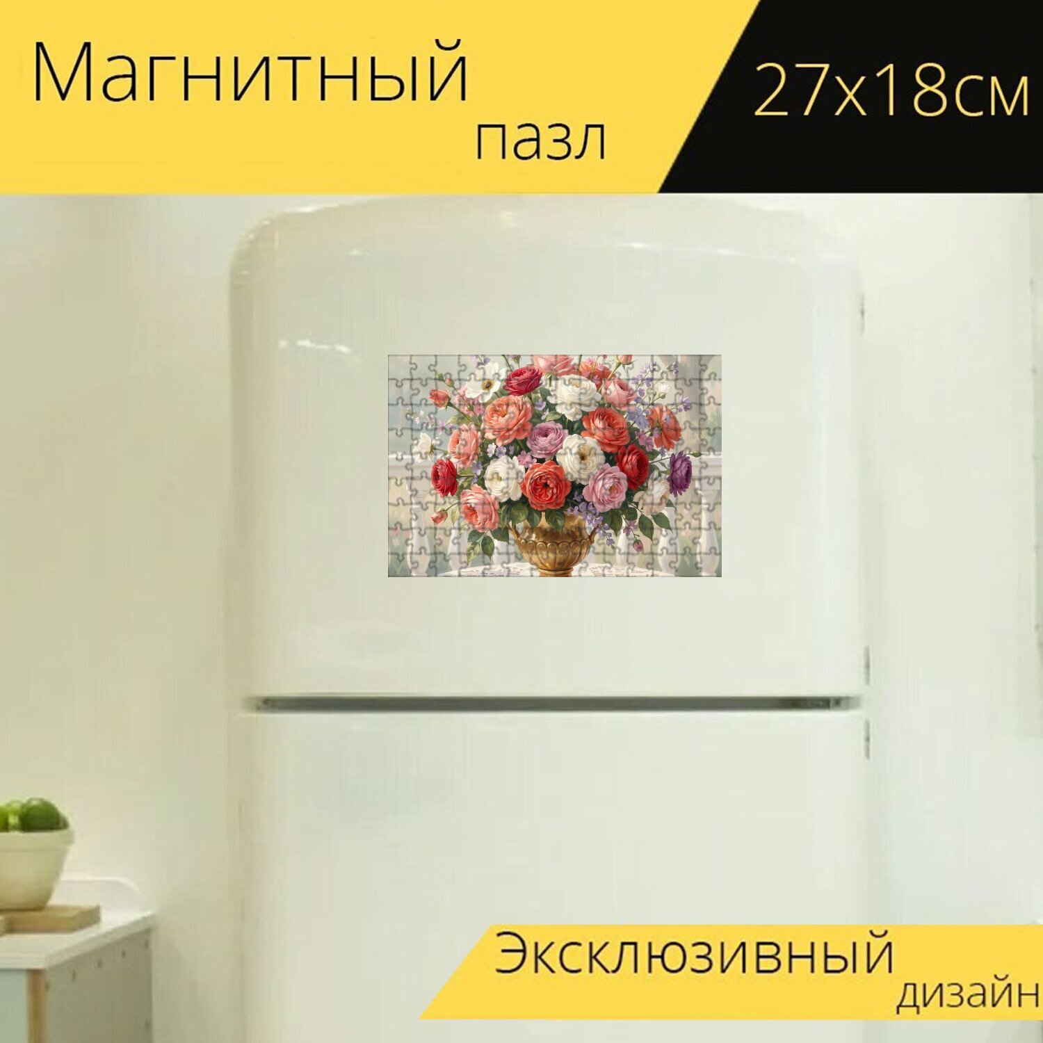 Магнитный пазл "Цветочная композиция в золотой вазе. Пышный букет из роз, ранункулюсов и полевых цветов в изящном золотистом сосуде на кружевной." на холодильник 27 x 18 см.