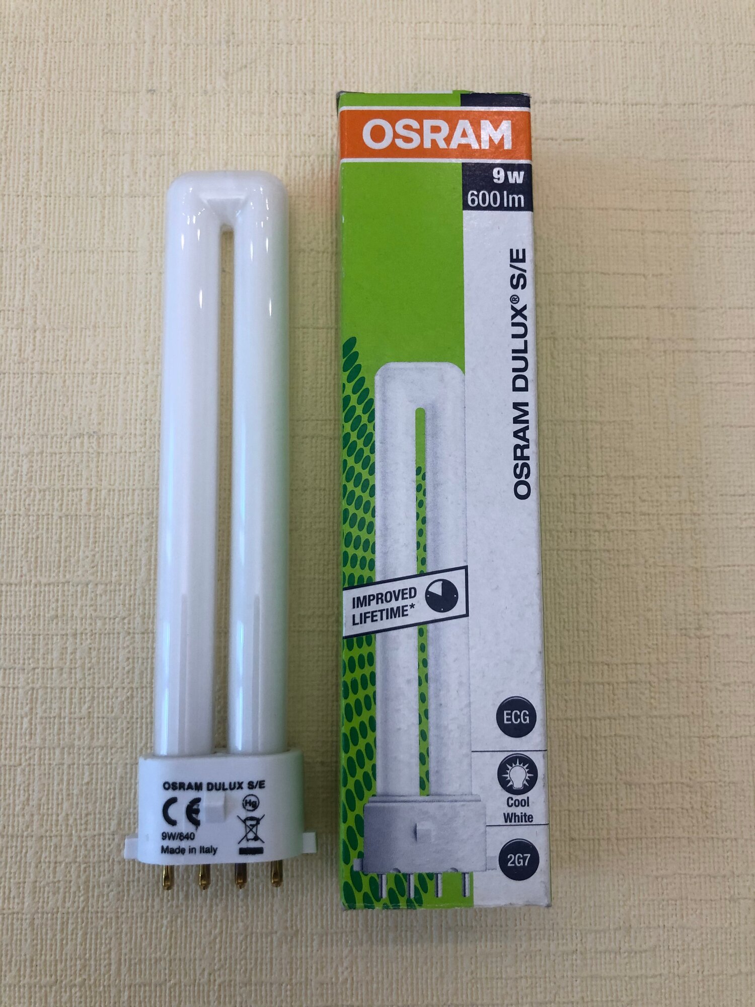 Лампа OSRAM DULUX S/E 9W/840,2G7, нейтральный белый, 4000К, люминесцентная
