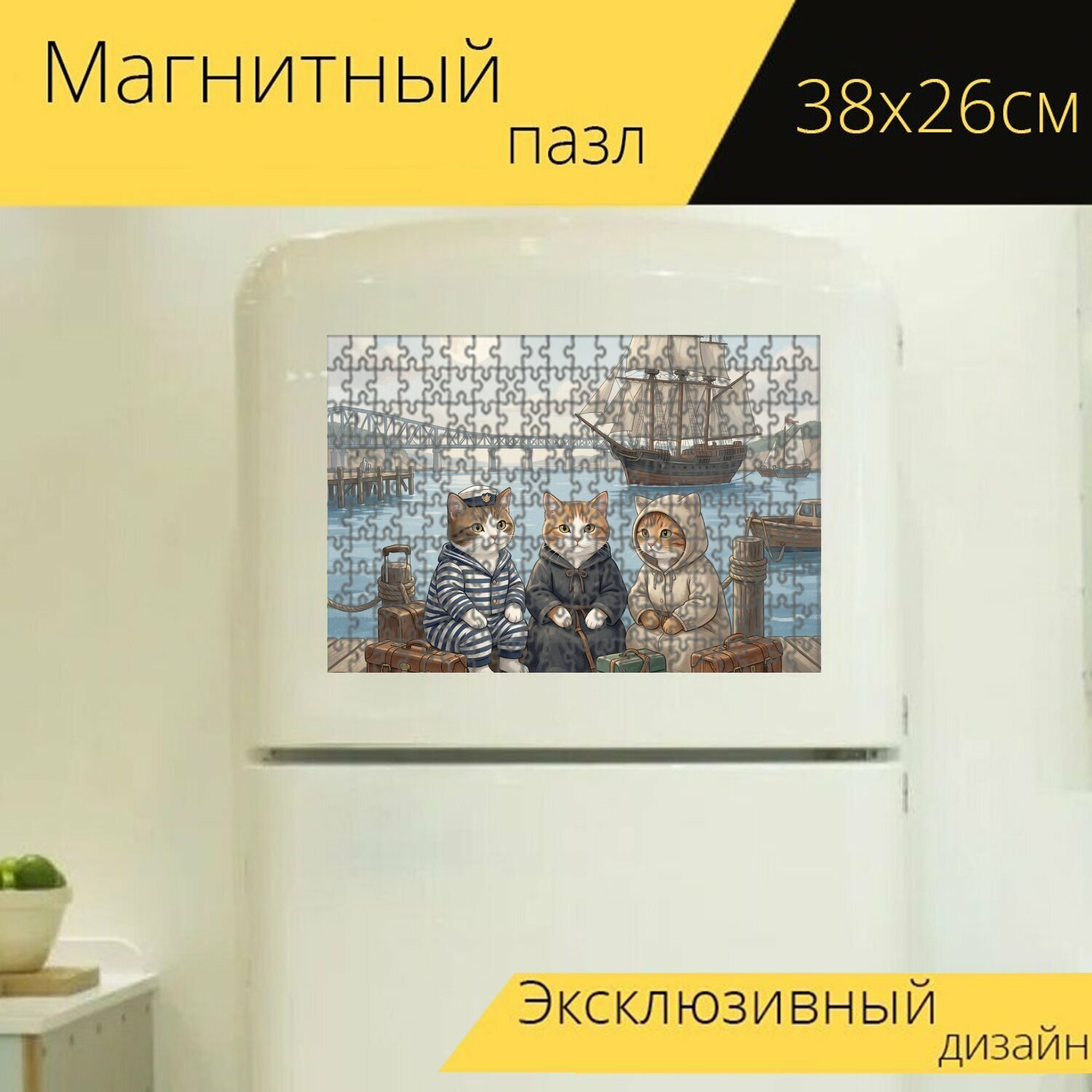 Магнитный пазл "Три кота в порту. Милые рыжие и полосатые питомцы в морских костюмах сидят на деревянном причале с чемоданами, на фоне парусника, моста и." для интерьера, 38х26 см.