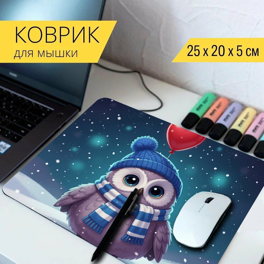 Коврик для мыши с принтом "Совенок в шапке с шариком. Милая зимняя иллюстрация: пушистая ночная птица в синей вязаной шапочке и полосатом шарфе стоит на снегу, над головой." 25x20см.