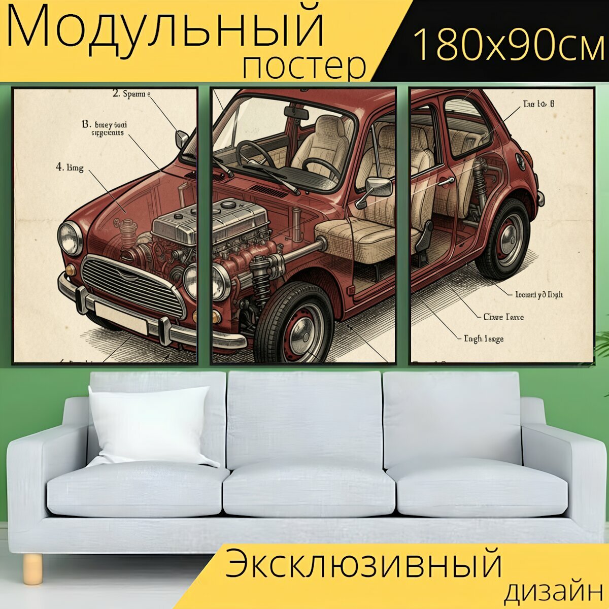 Модульный постер "Винтажная схема ретро автомобиля. Техническая иллюстрация компактной классической машины в разрезе: виден двигатель." 180 x 90 см. для интерьера на стену в тубусе