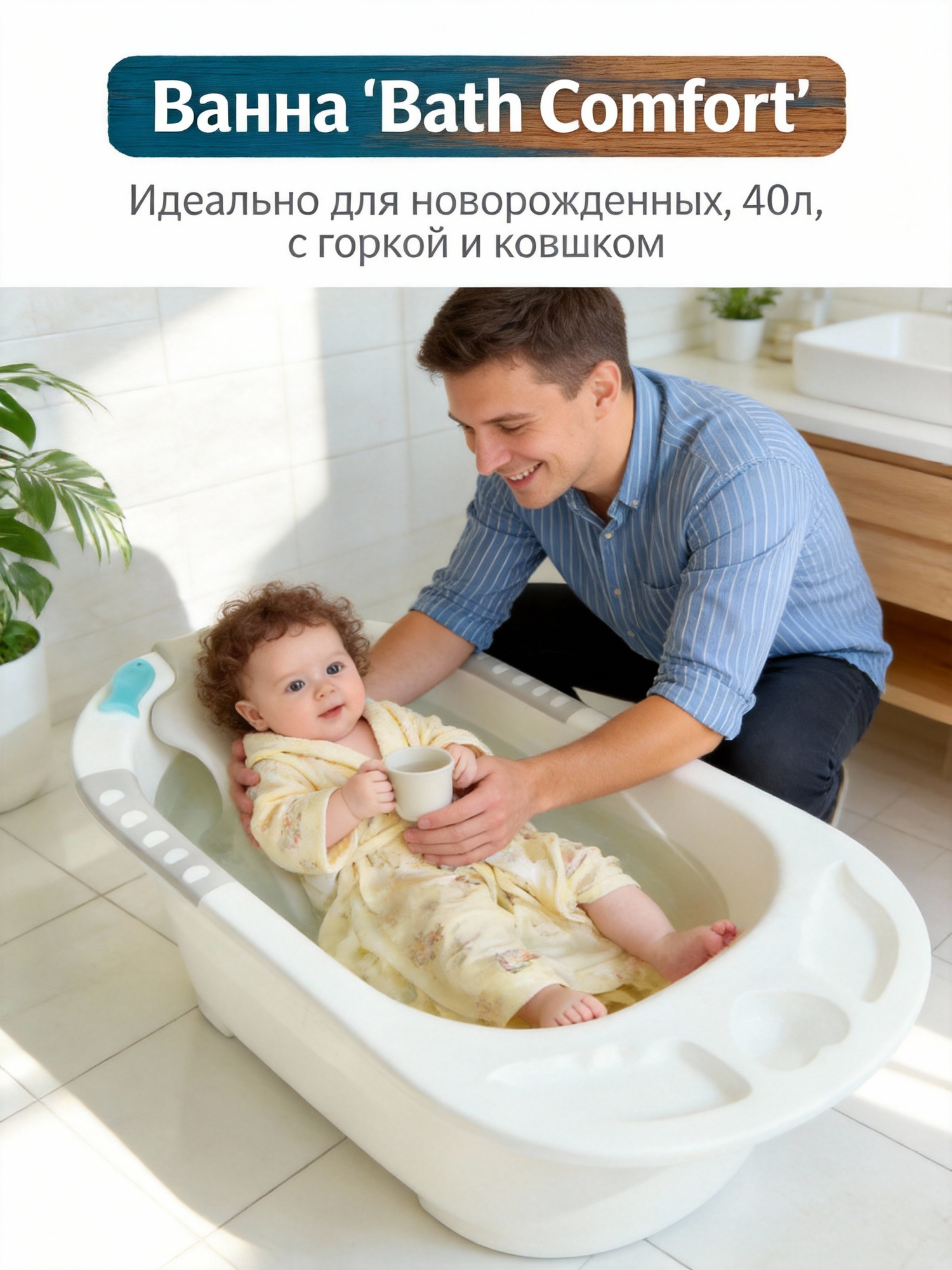Ванночка для купания новорожденных Bath Comfort, 40 л с горкой и ковшом для безопасного и удобного ухода