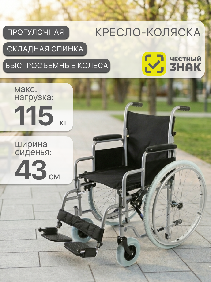 Кресло-коляска для инвалидов Barry R1 с быстросъемными колесами, ширина сиденья 43 см