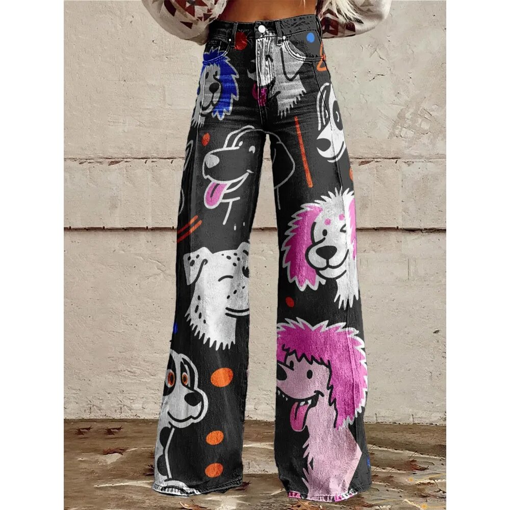 Женские брюки палаццо с принтом собак, S, Pants 30