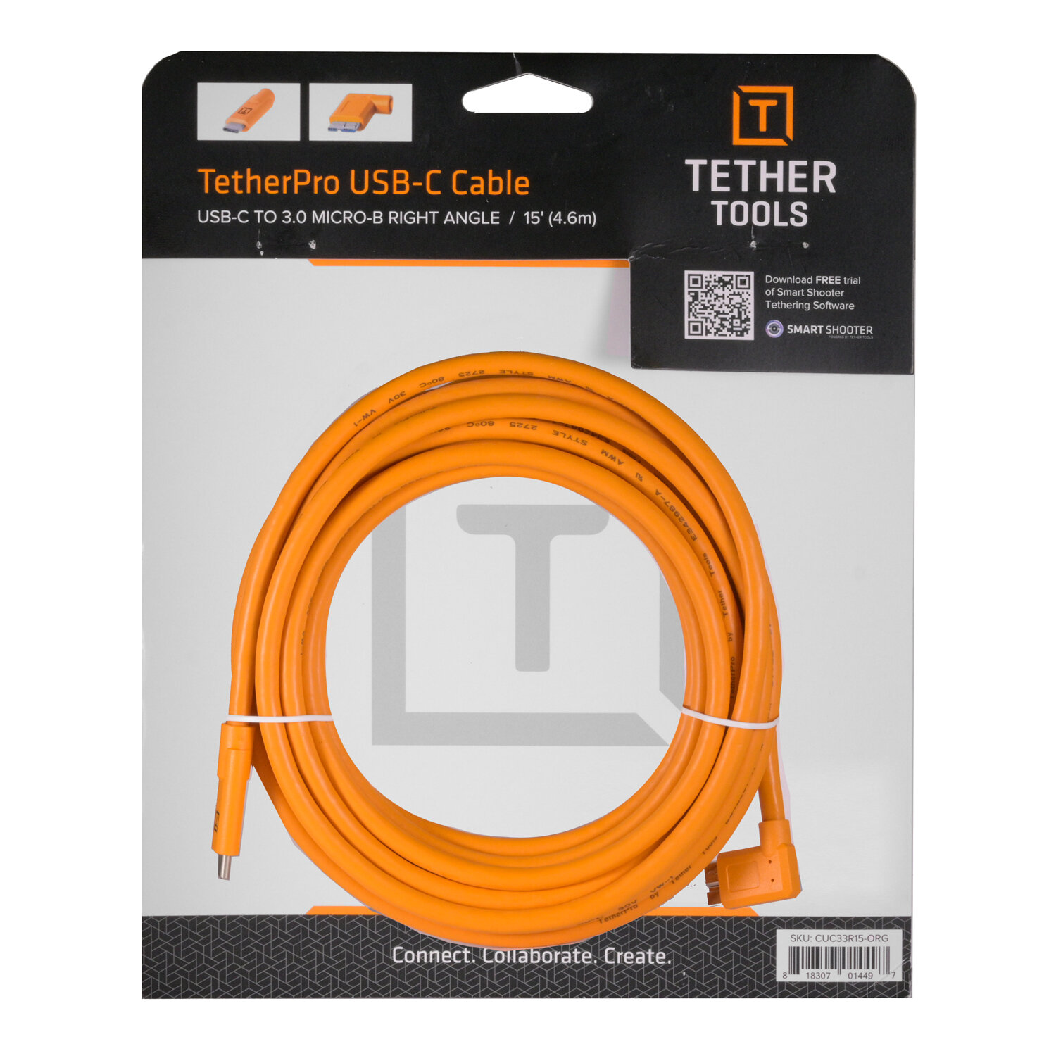 Кабель Tether Tools TetherPro USB-C to 3.0 Micro-B Right Angle 4.6m Orange [CUC33R15-ORG] New demo