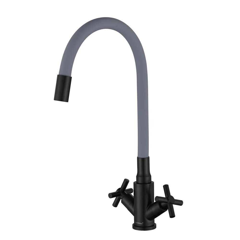 Смеситель для кухни Fmark FS8442H-04 с гибким изливом, с поворотным изливом, черный, серый, матовый, вентильный, нержавеющая сталь