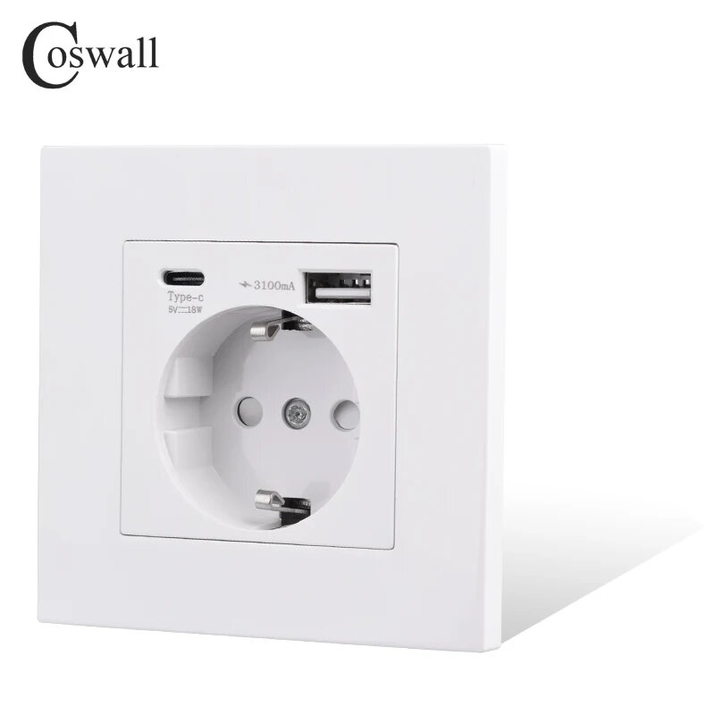Coswall Розетка с USB Type-C и USB, White