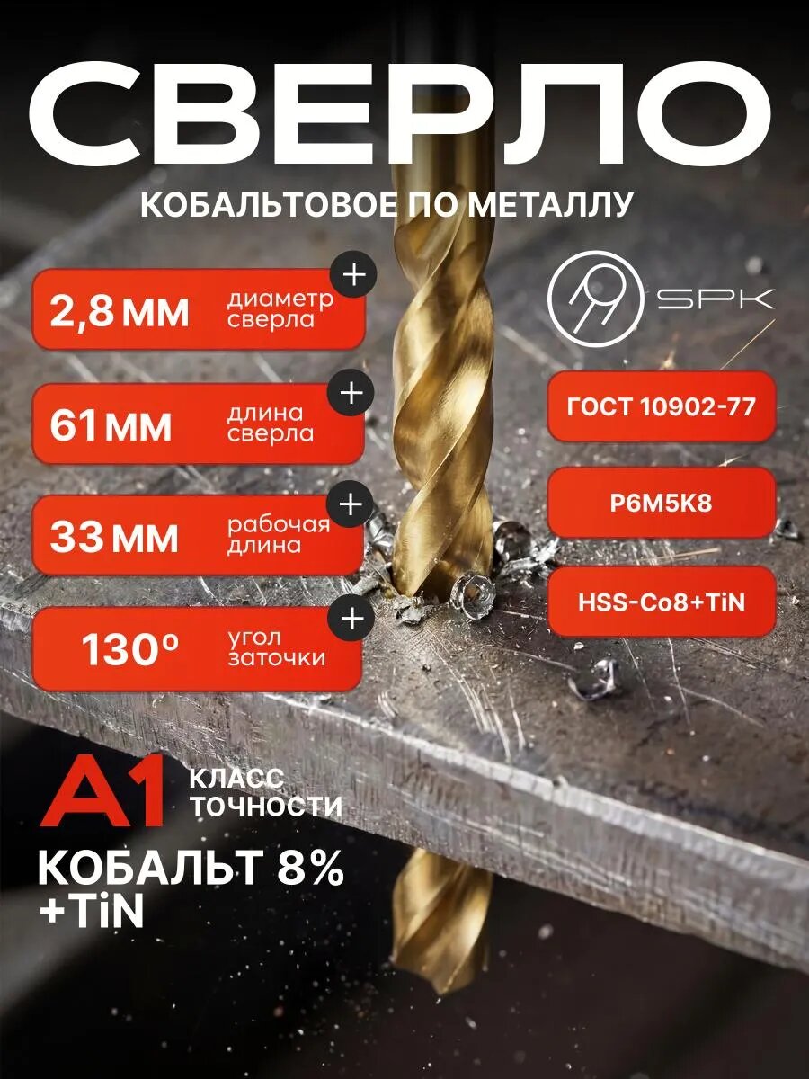Сверло по металлу SPK, кобальтовое, термостойкое, с Tin, 2,8 мм