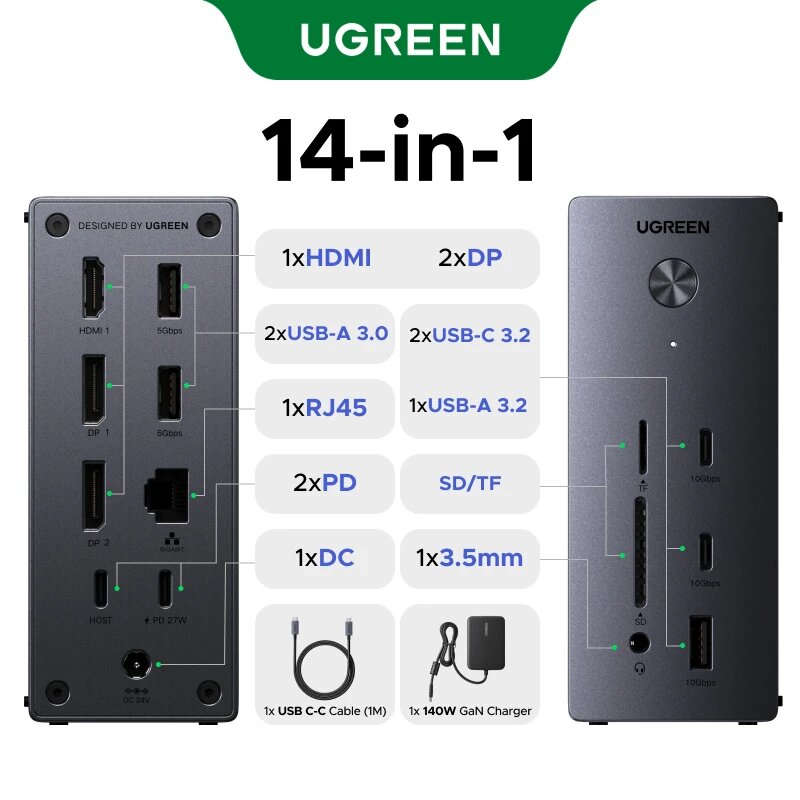 UGREEN Док-станция 14-в-1, HDMI, 2xDP, USB-хаб