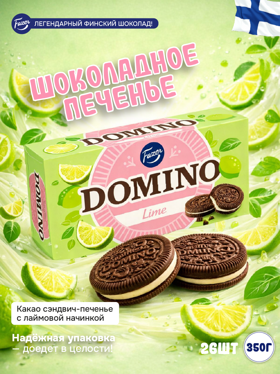 Печенье Fazer "Domino Lime", лаймовая начинка, сдобное, 350 гр